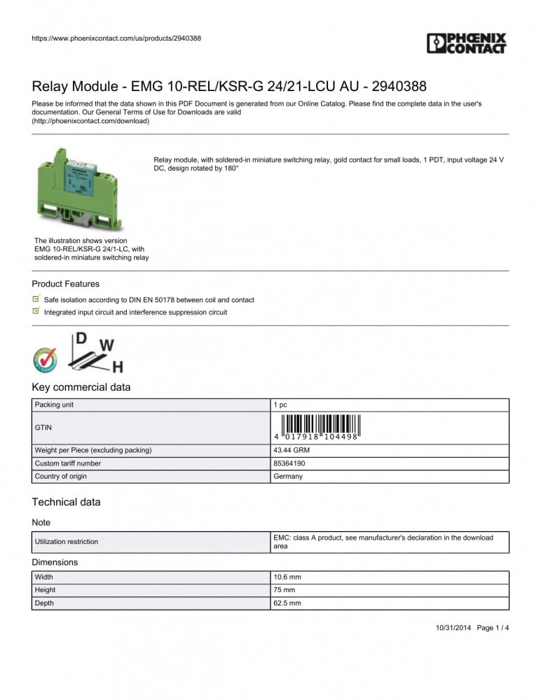 Phoenix Contact 2940388 technical document page 1