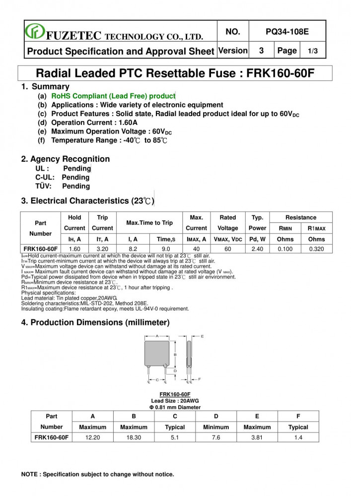 FRK160-60F specification sheet page 1