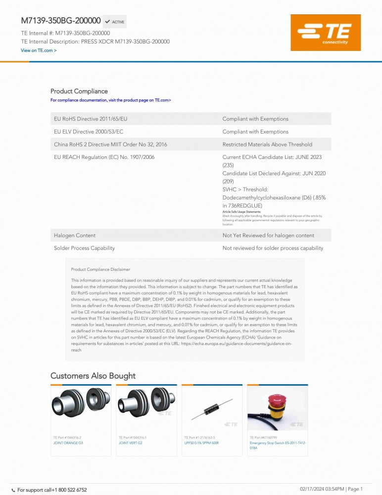 Technical document page 1 for M7139-350BG-200000