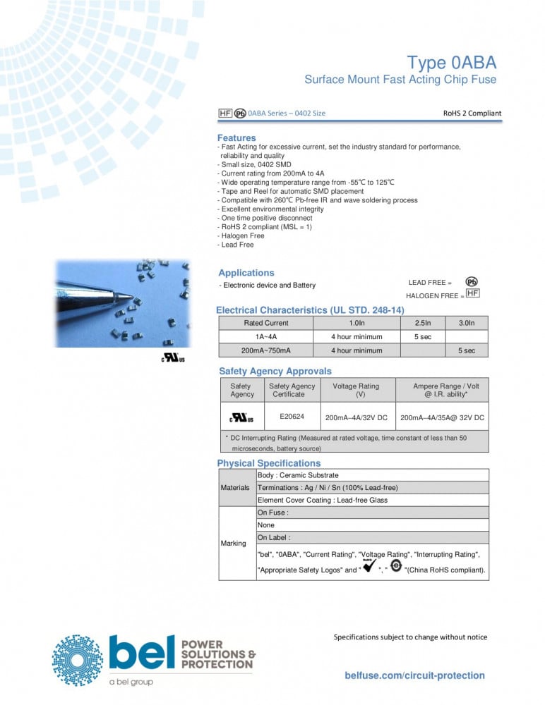 Bel Fuse 0ABA series datasheet page 1