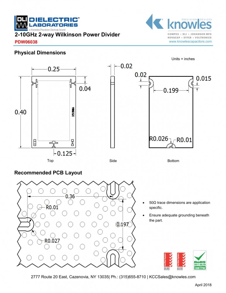 PDW06038-T datasheet page showing physical dimensions and PCB layout
