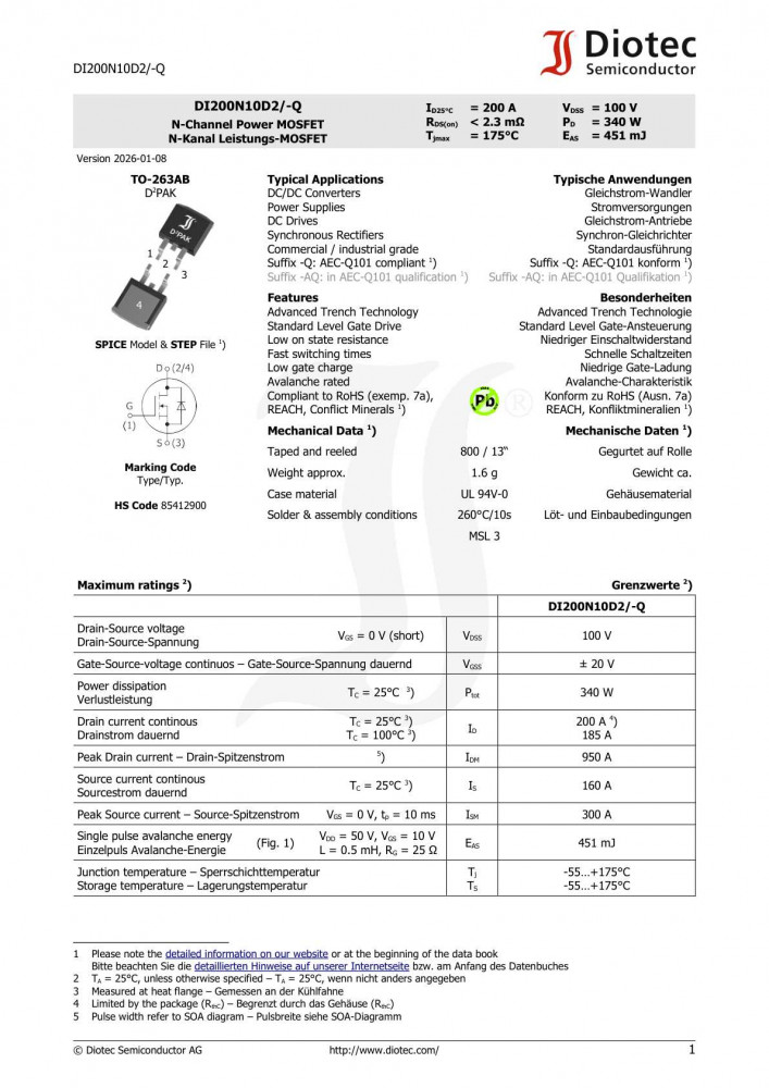 DI200N10D2 technical document page 1