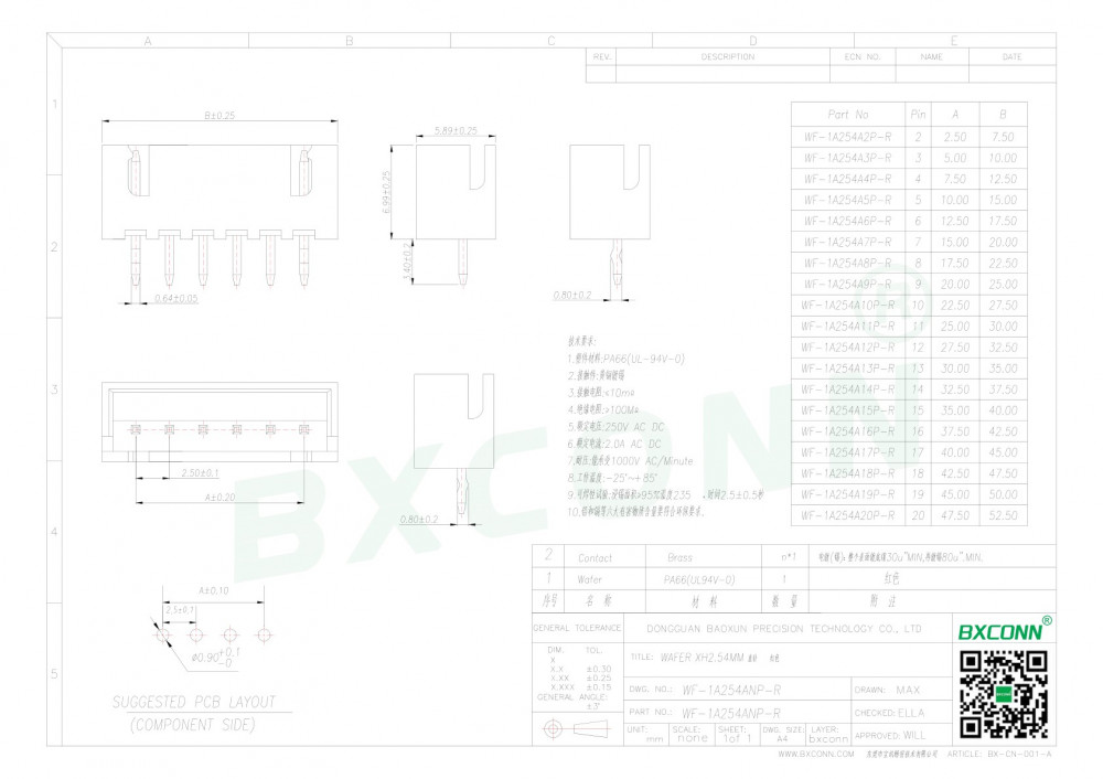 BXCONN WF-1A254AxP-R technical drawing preview