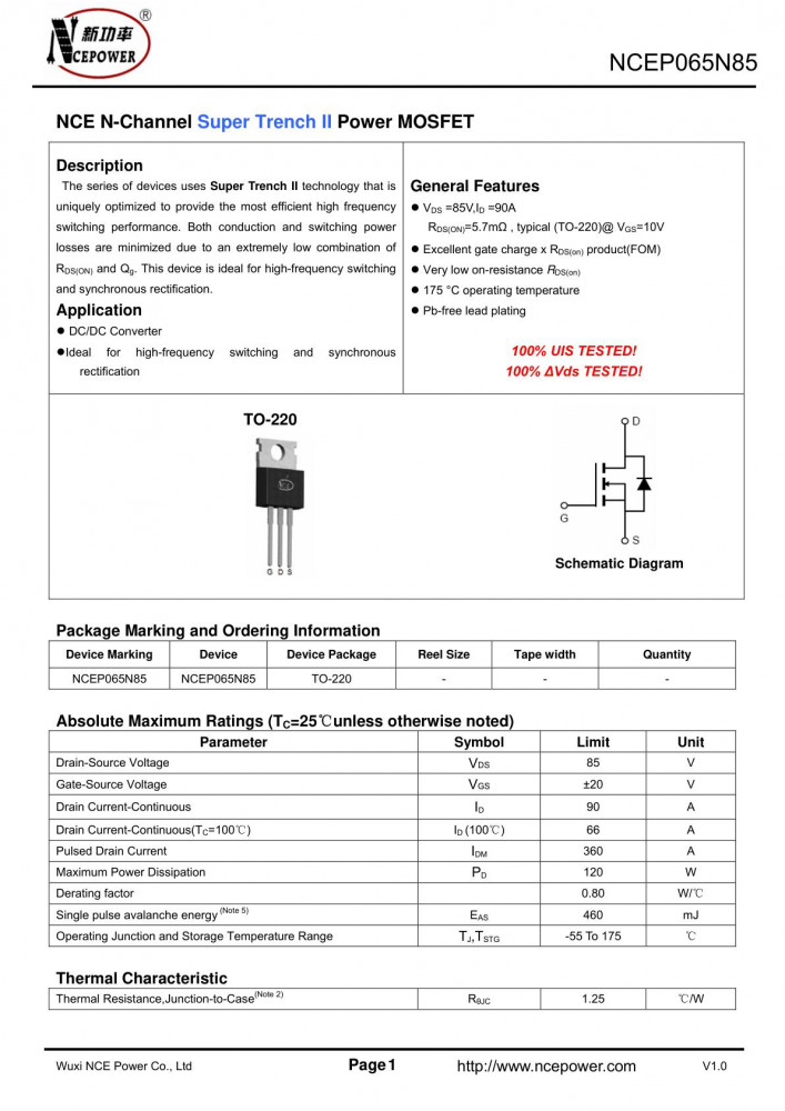 NCEP065N85 datasheet page 1