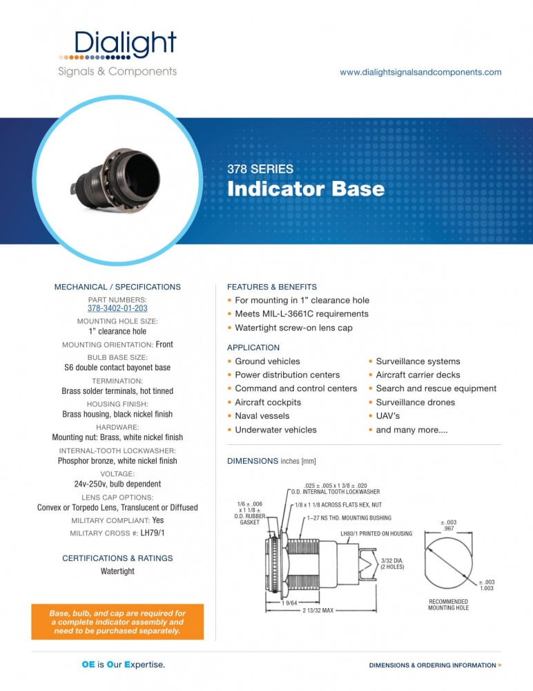 Dialight 378 Series indicator base document page 1