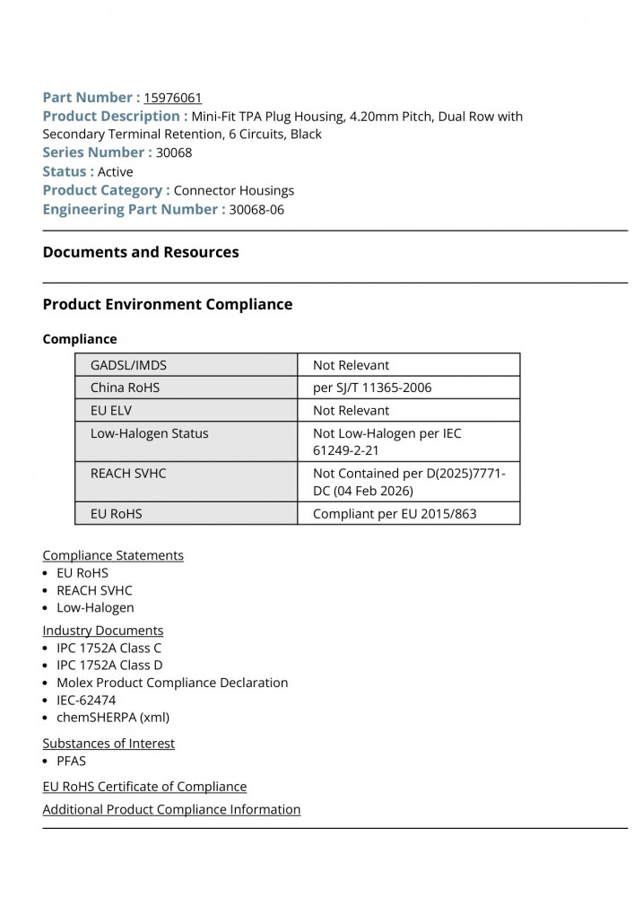 MOLEX Mini-Fit Plus HCS specification page 1