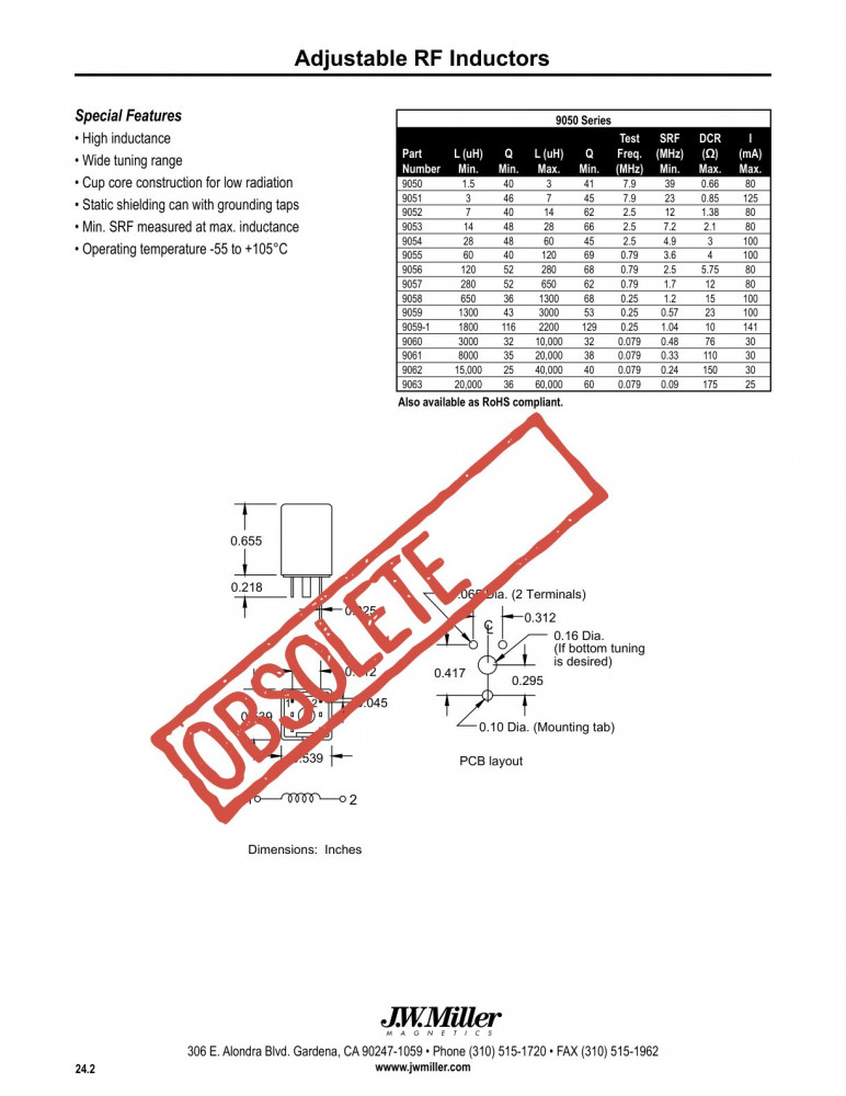 JRH Electronics 9050 Series reference drawing, dimensions in inches