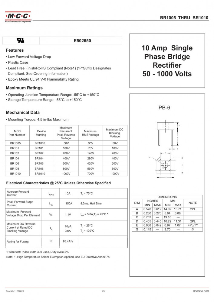 MCC BR102-BP datasheet page 1