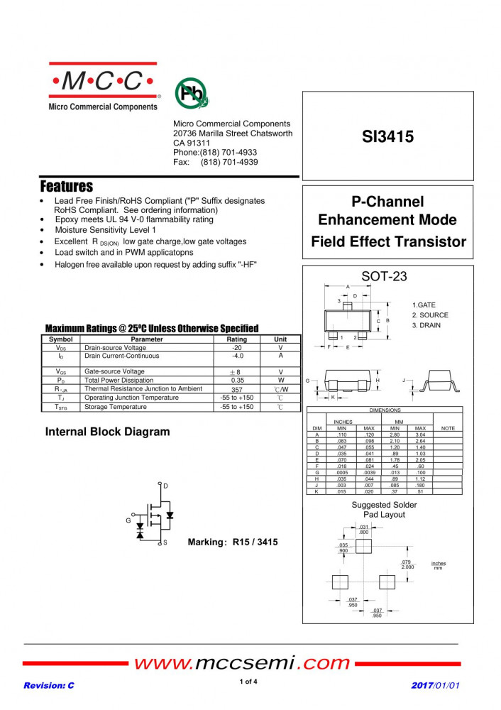 SI3415-TP datasheet page 1