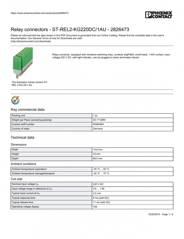 Phoenix Contact 2826473 product documentation page 1