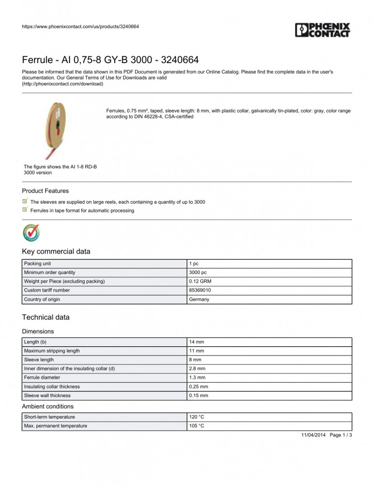 Phoenix Contact 3240664 product data page