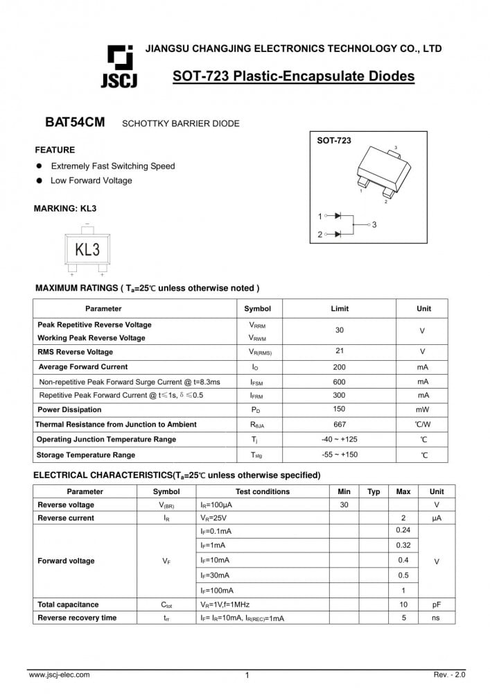 BAT54CM datasheet page 1