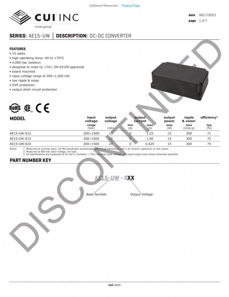 CUI AE15-UW-S15 datasheet page 1