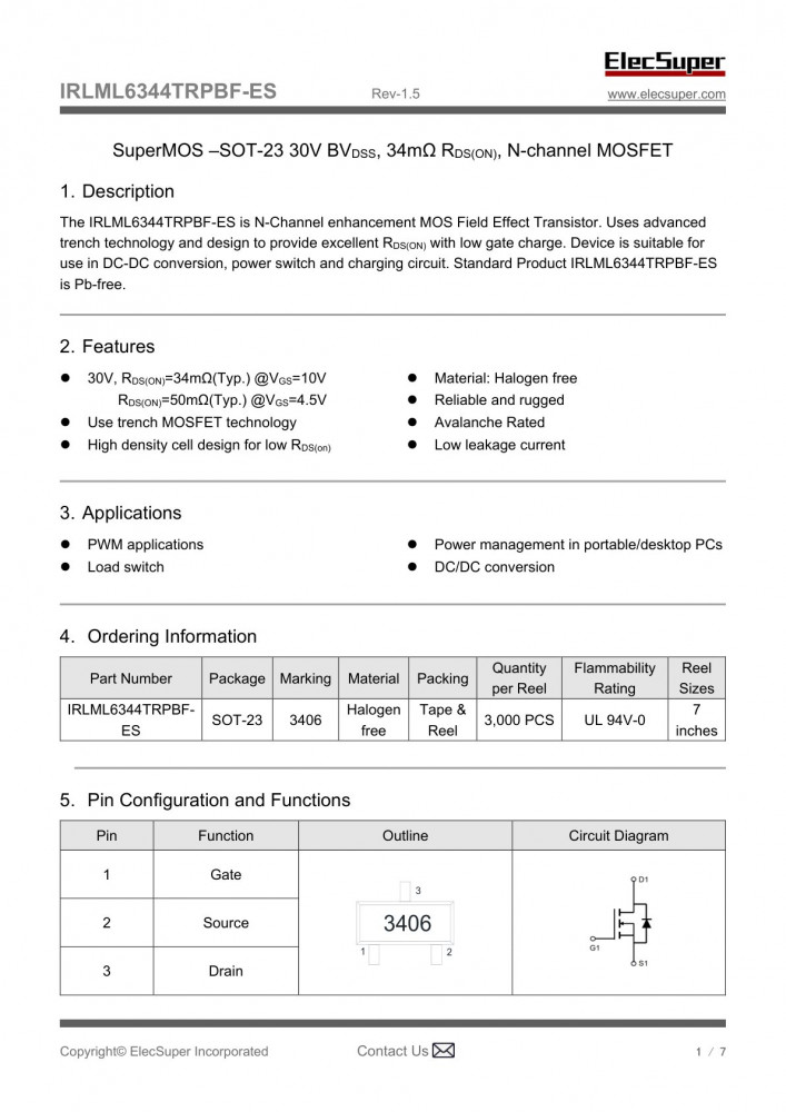 IRLML6344TRPBF-ES datasheet page 1