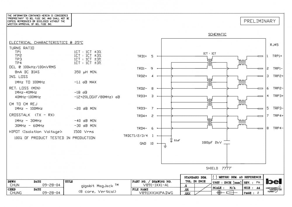 Bel Fuse V891-1XX1-A1 technical drawing page 1