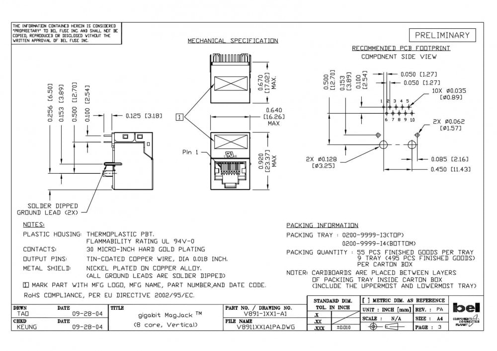 Bel Fuse V891-1XX1-A1 technical drawing page 2