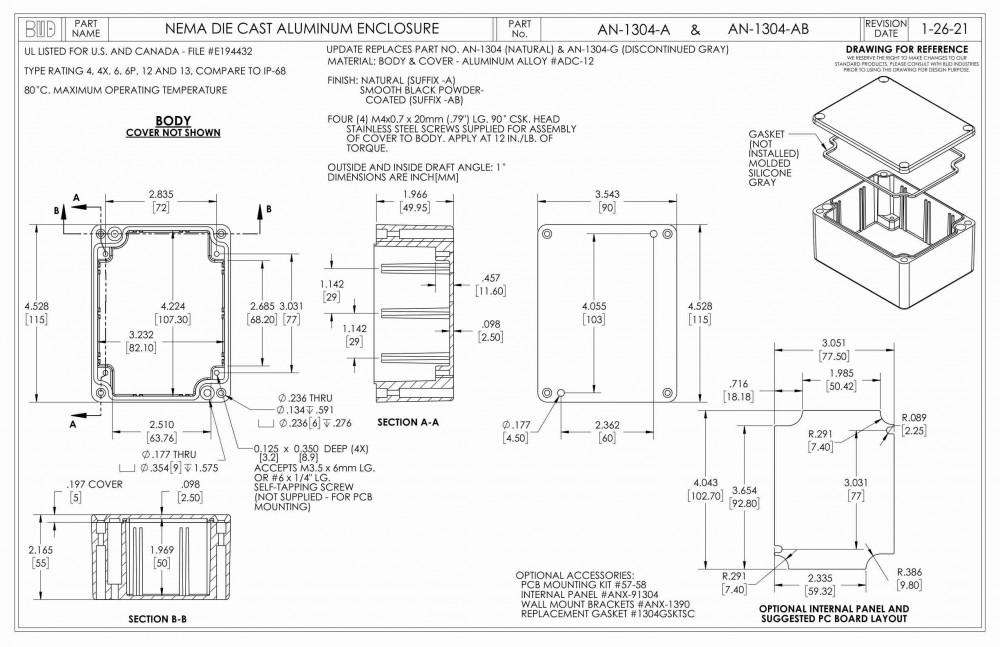 Bud Industries AN-1304-AB enclosure reference drawing