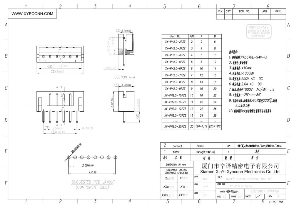 XYECONN XY-PH2.0-3PZZ technical drawing