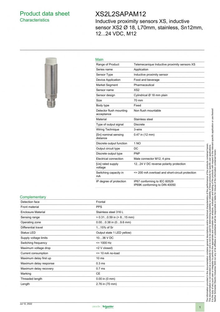 XS2L2SAPAM12 technical document page 1