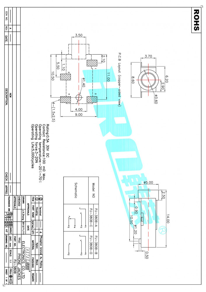 Korean Hroparts Elec PJ-380B phone jack technical drawing