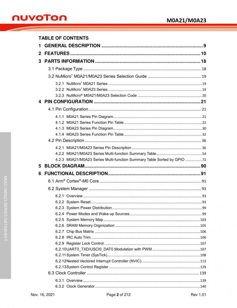 Nuvoton M0A21 M0A23 datasheet page 2