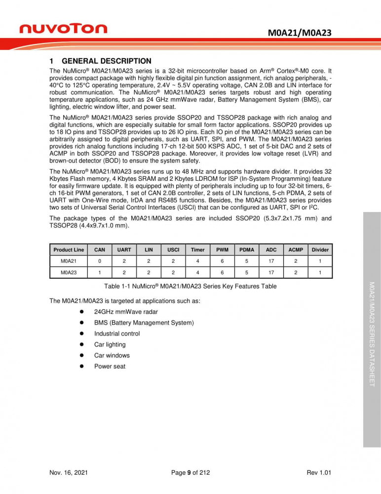Nuvoton M0A21 M0A23 datasheet page 9