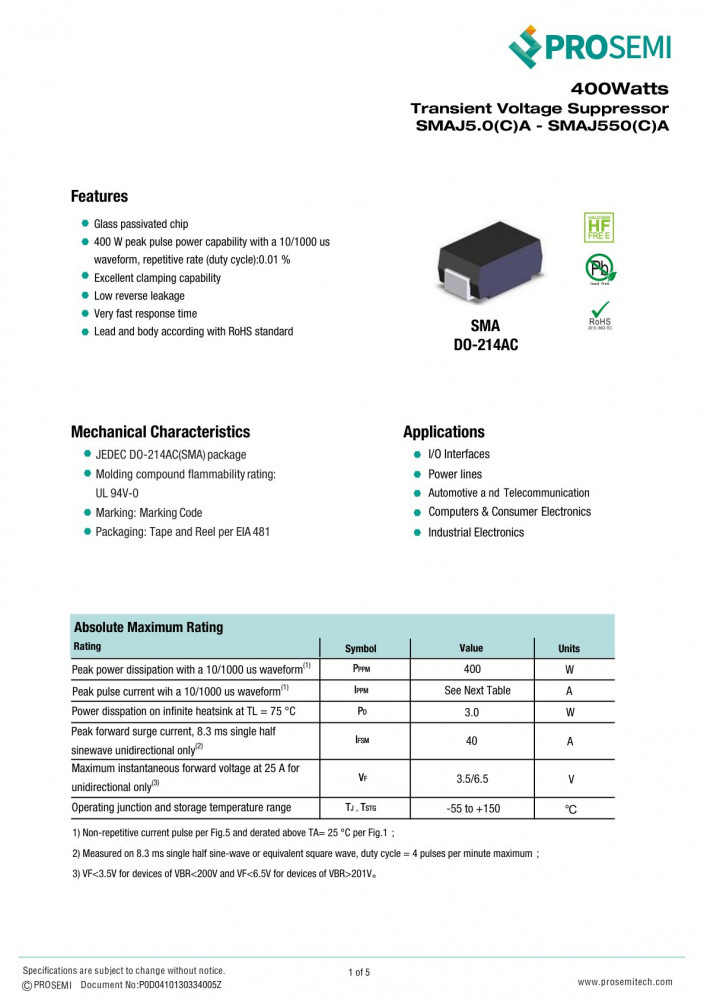 PROSEMI SMAJ12A datasheet page 1