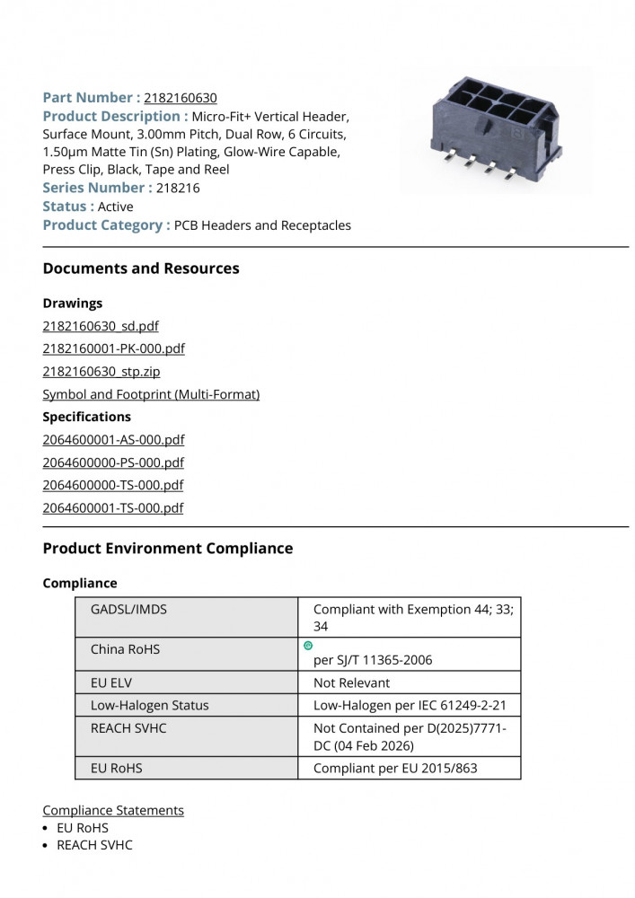 MOLEX 2182160630 product document image, page 1