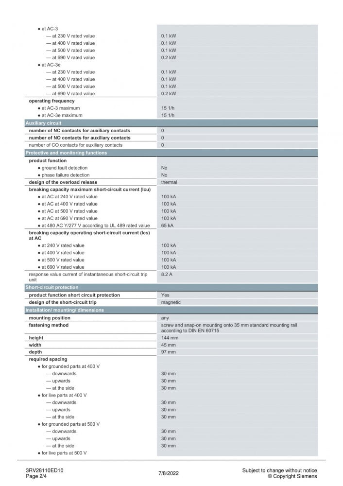 3RV28110ED10 technical document page 2