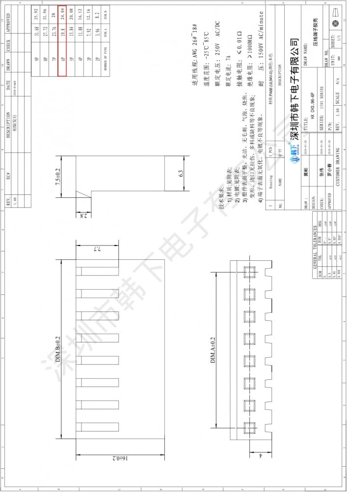 HX CH3.96-6P specification page 1