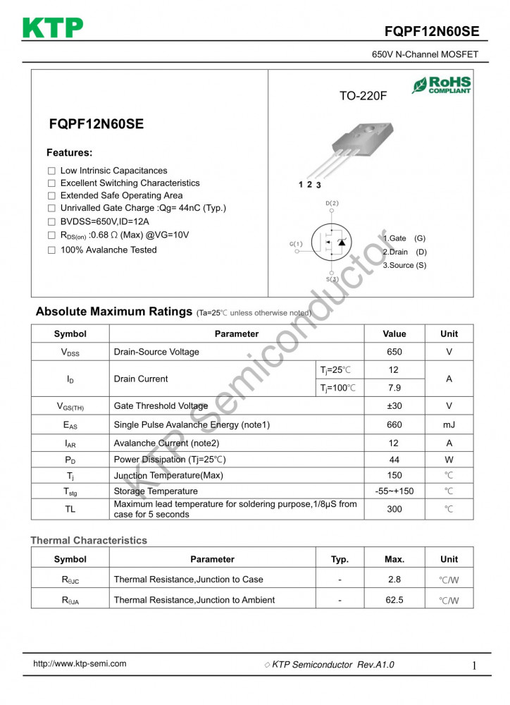 FQPF12N60SE datasheet page 1