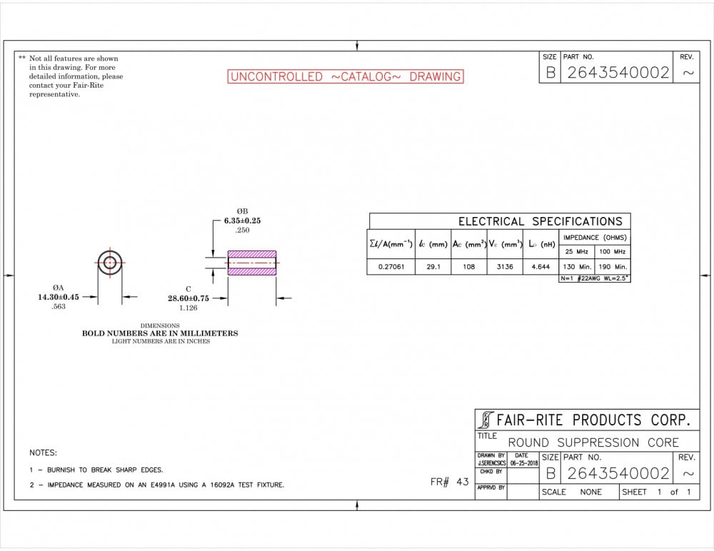 Fair-Rite 2643540002 technical document page