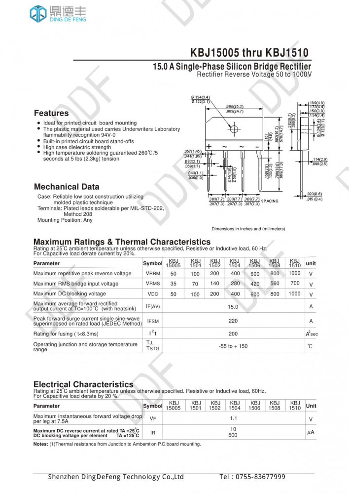KBJ15005 through KBJ1510 datasheet page 1