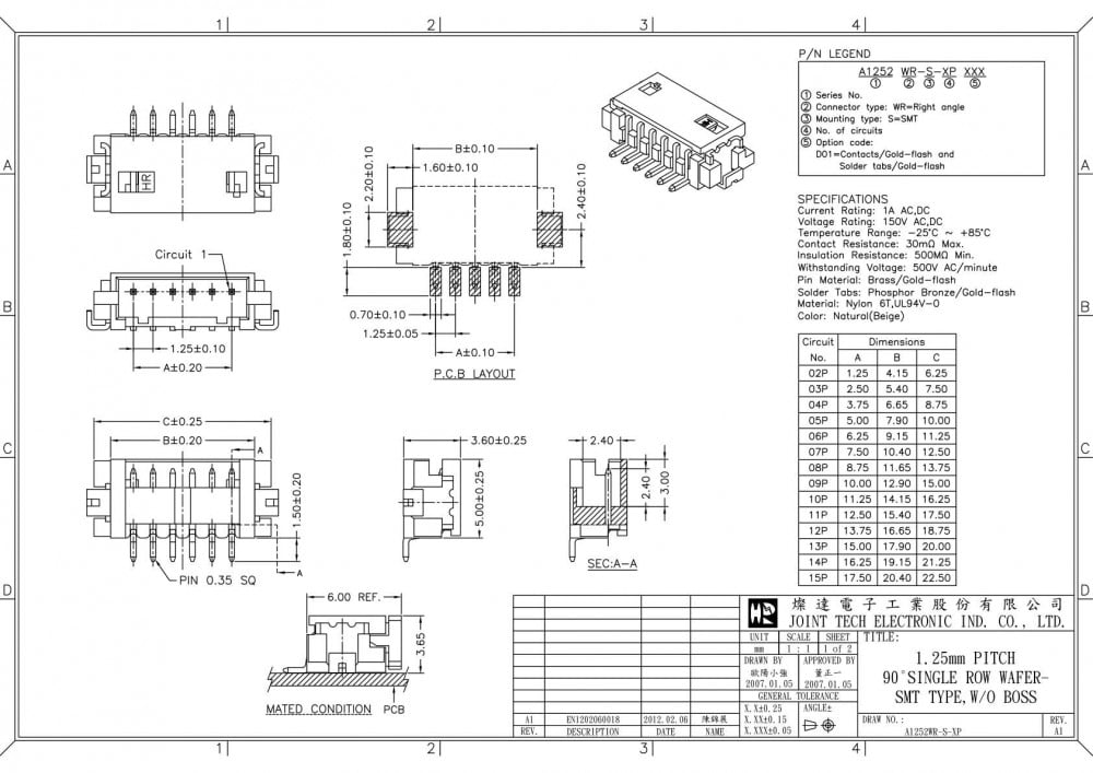 Joint Tech Elec A1252WR-S-03PD01 technical drawing
