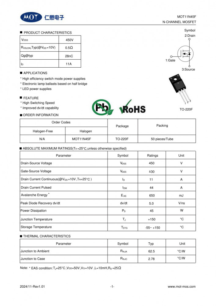 MOT11N45F datasheet page 1