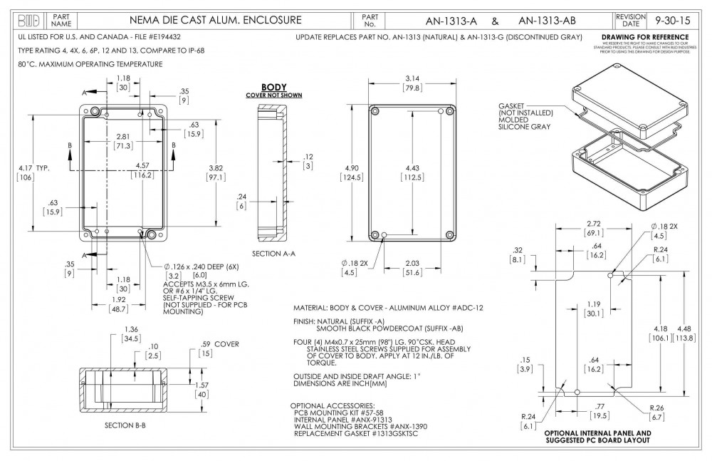 Bud Industries AN-1313-AB product drawing page