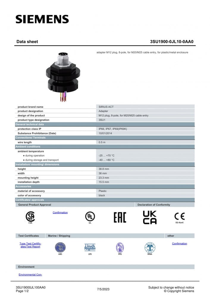 SIEMENS 3SU19000JL100AA0 technical document page 1