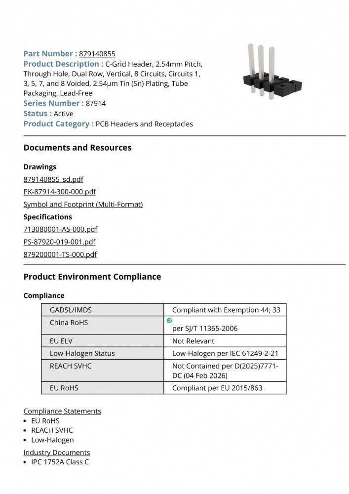 Technical document page 1 for MOLEX 879140855