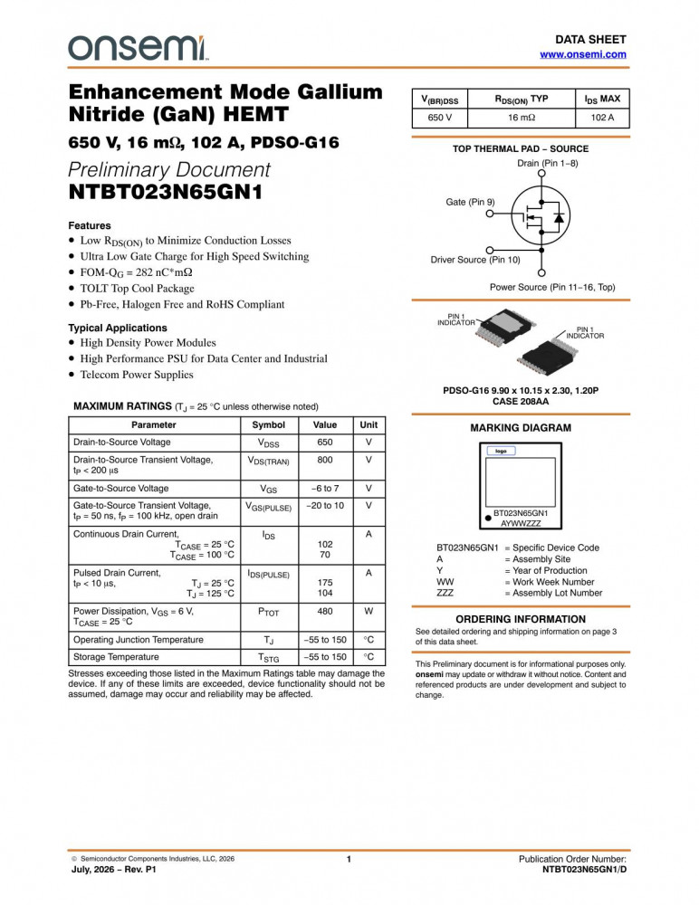 NTBT023N65GN1 document preview, page 1