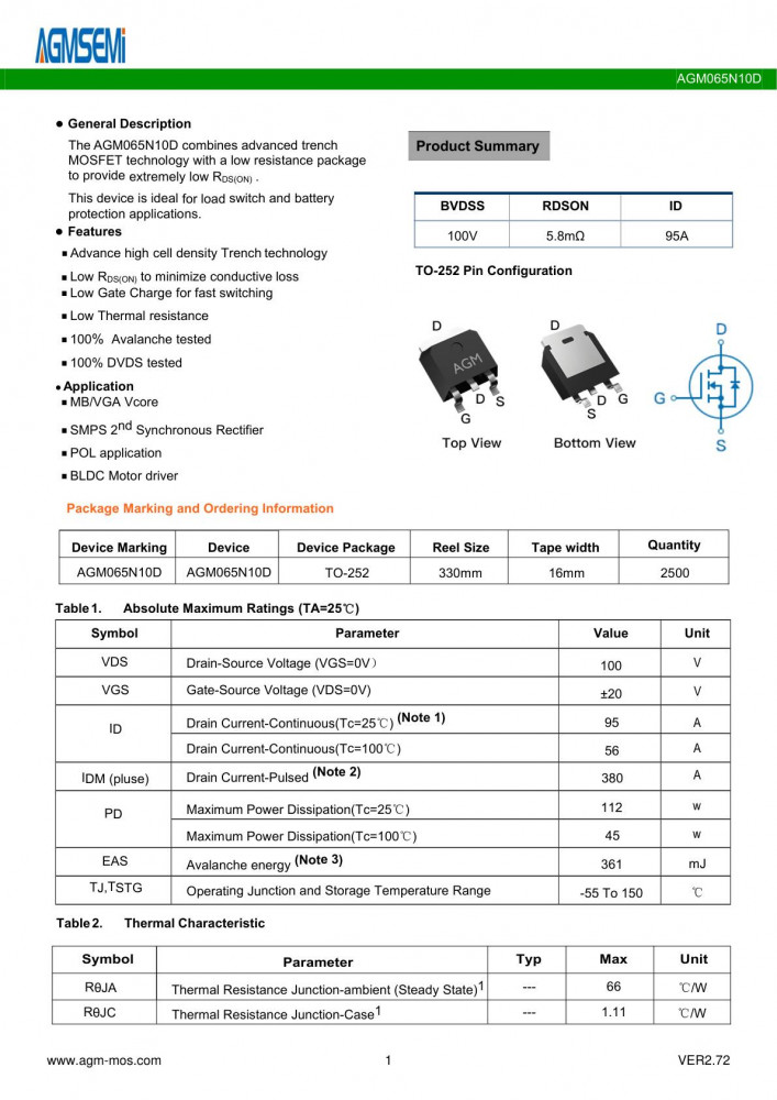 AGM065N10D datasheet page 1