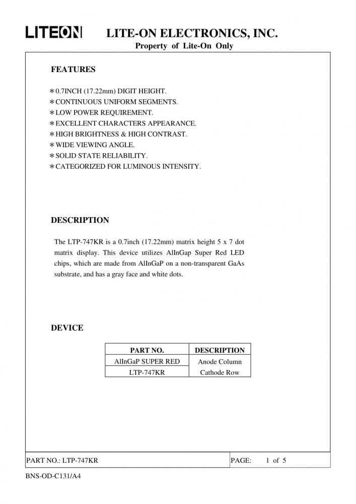 LTP-747KR datasheet page 2