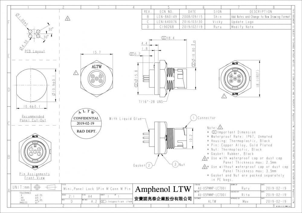 Amphenol AU-05PMMP-LC7001 technical drawing