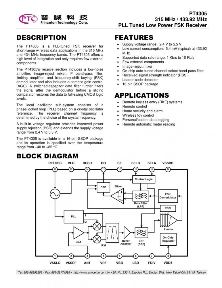 PT4305-X datasheet page 1