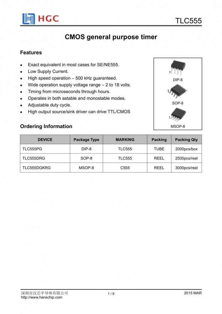 TLC555 datasheet page 1