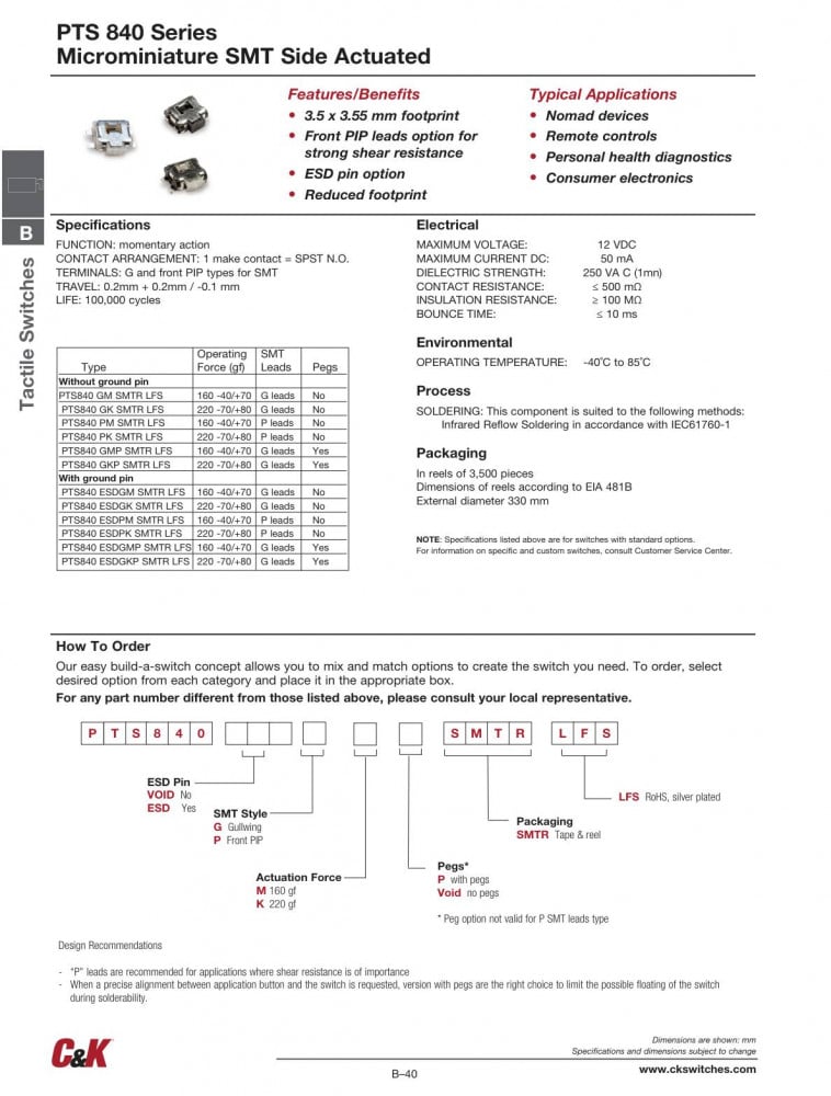 C&K PTS840 series technical document page 1
