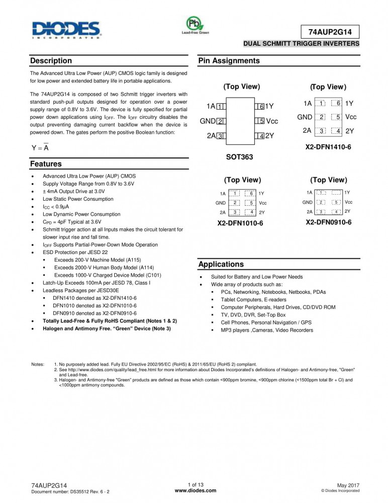 74AUP2G14FW4-7 datasheet page 1