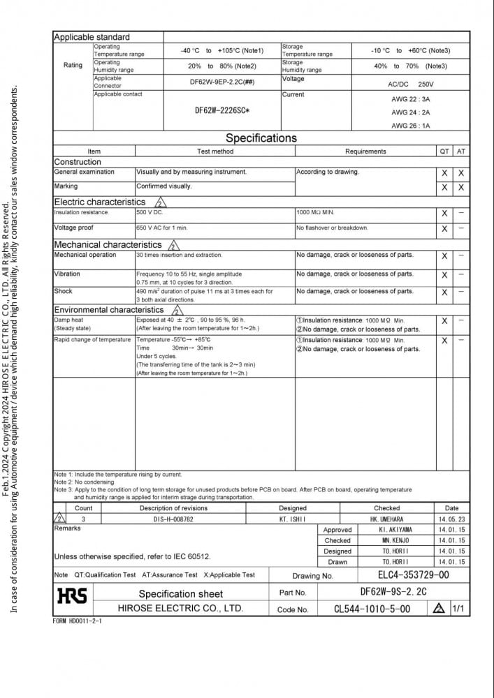 HRS DF62W-9S-2.2C specification sheet