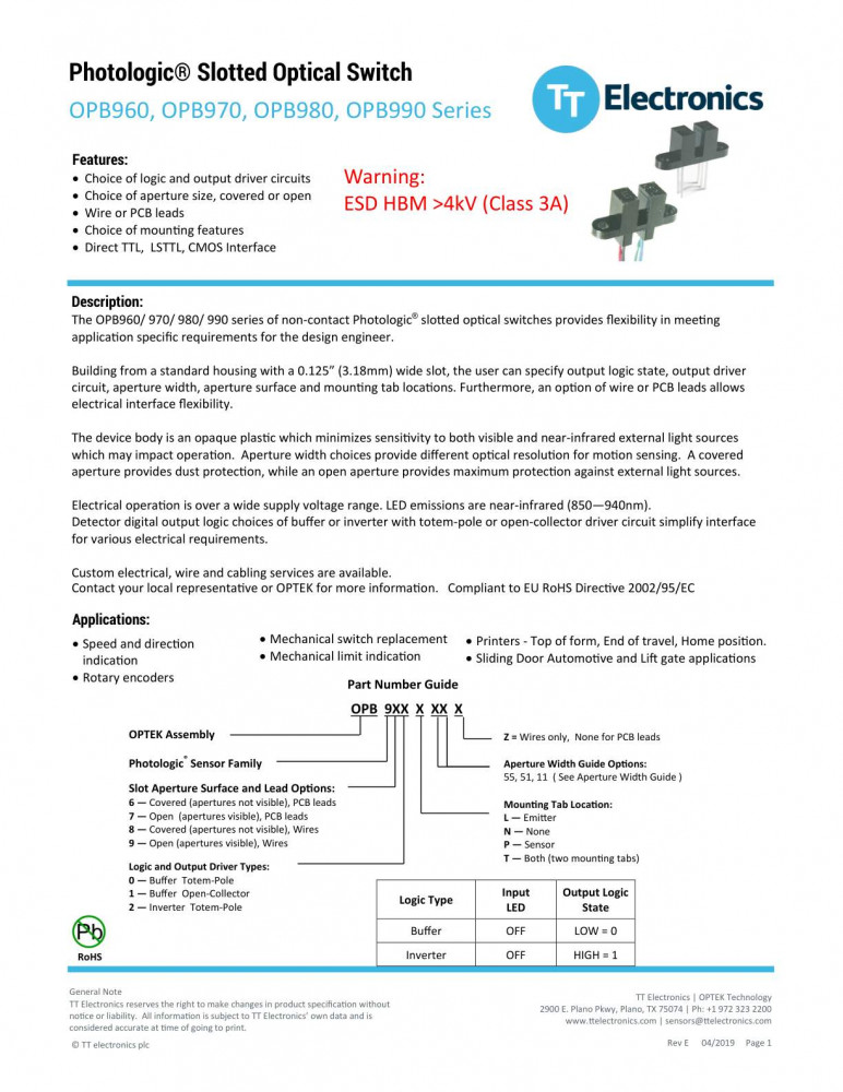 OPB973N51 technical document page 1