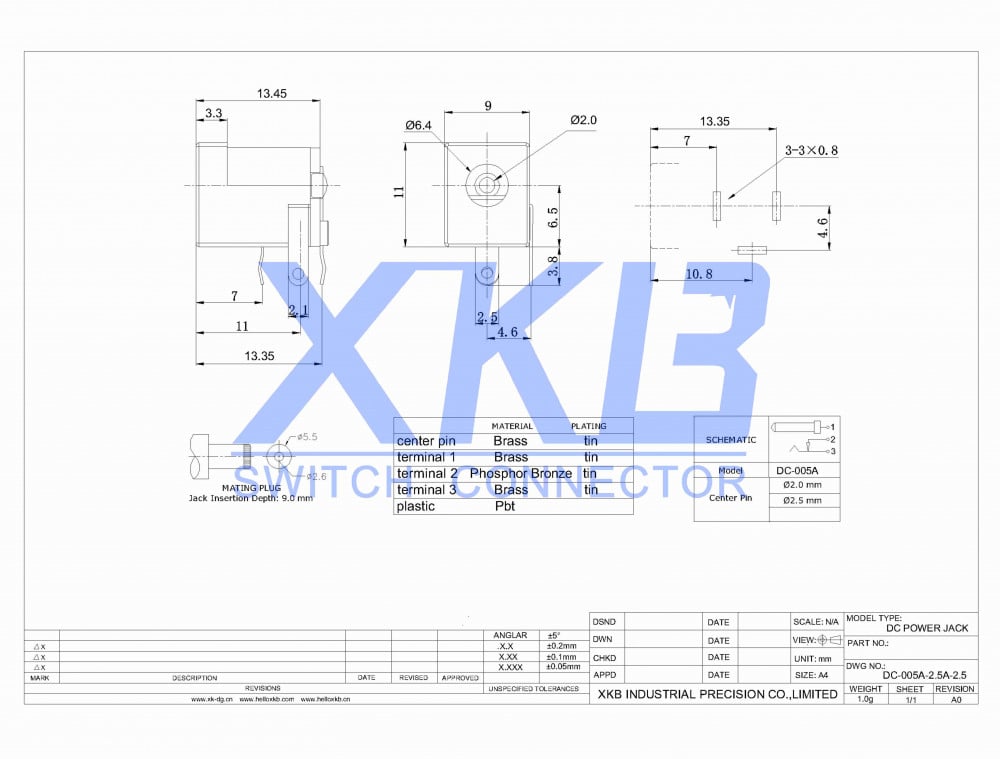 XKB Connection DC-005A-2.5A-2.5 technical drawing