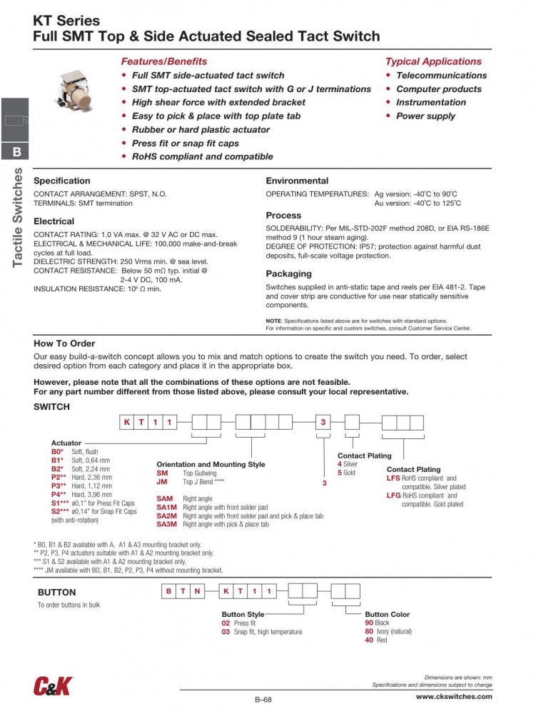 C&K KT11 technical document page 1